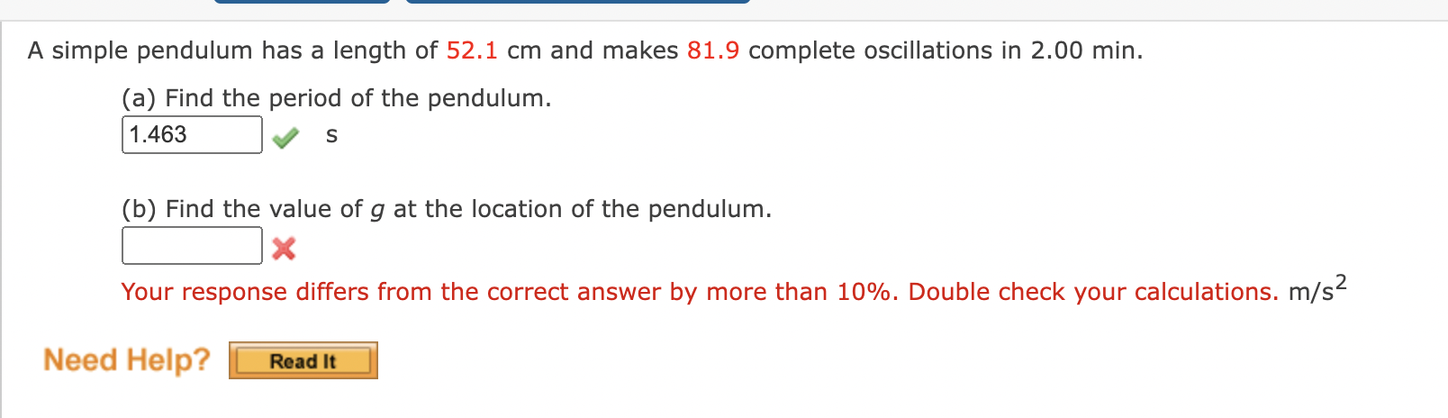 Solved A simple pendulum has a length of 52.1cm ﻿and makes | Chegg.com