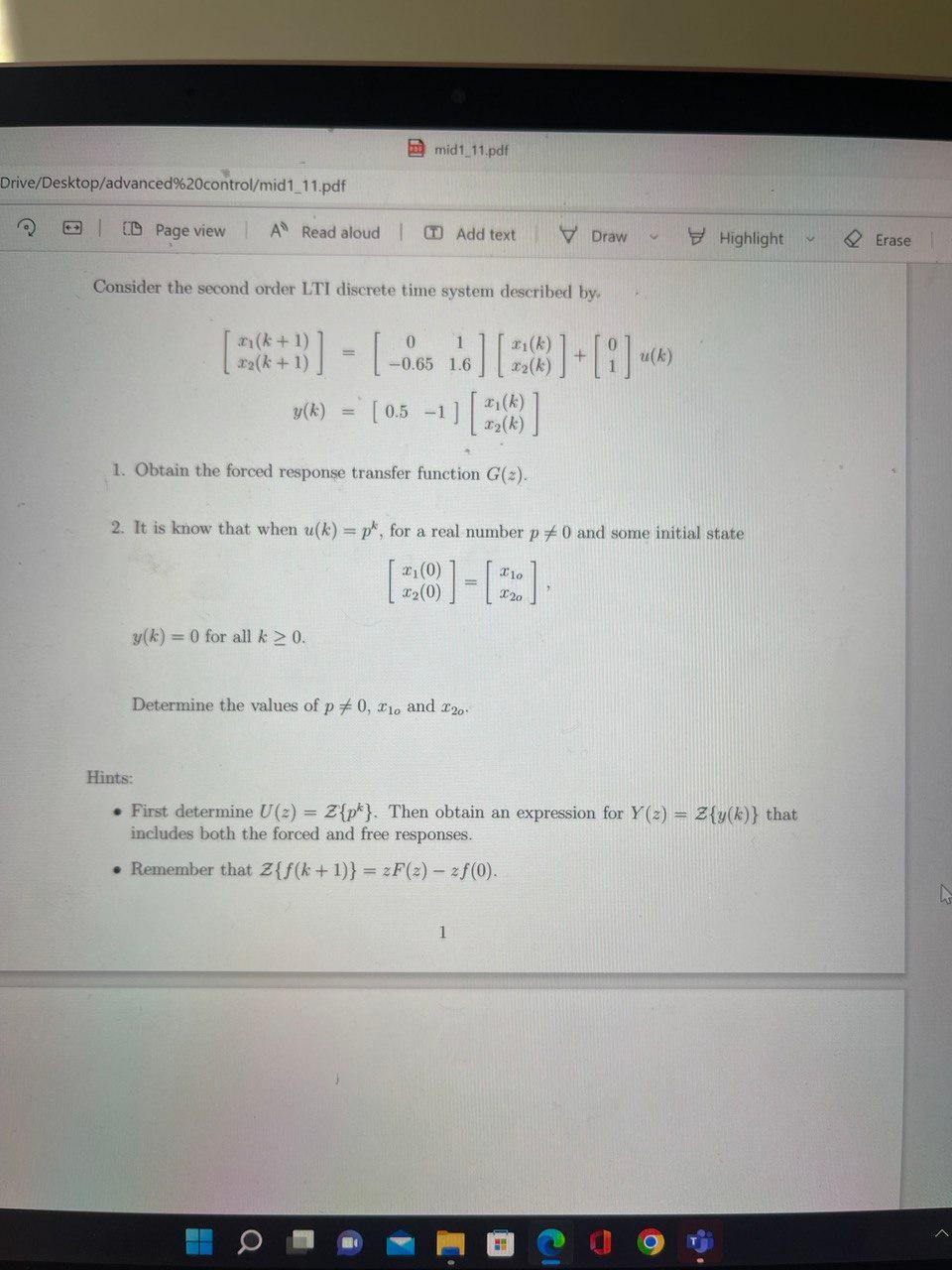Consider The Second Order Lti Discrete Time System
