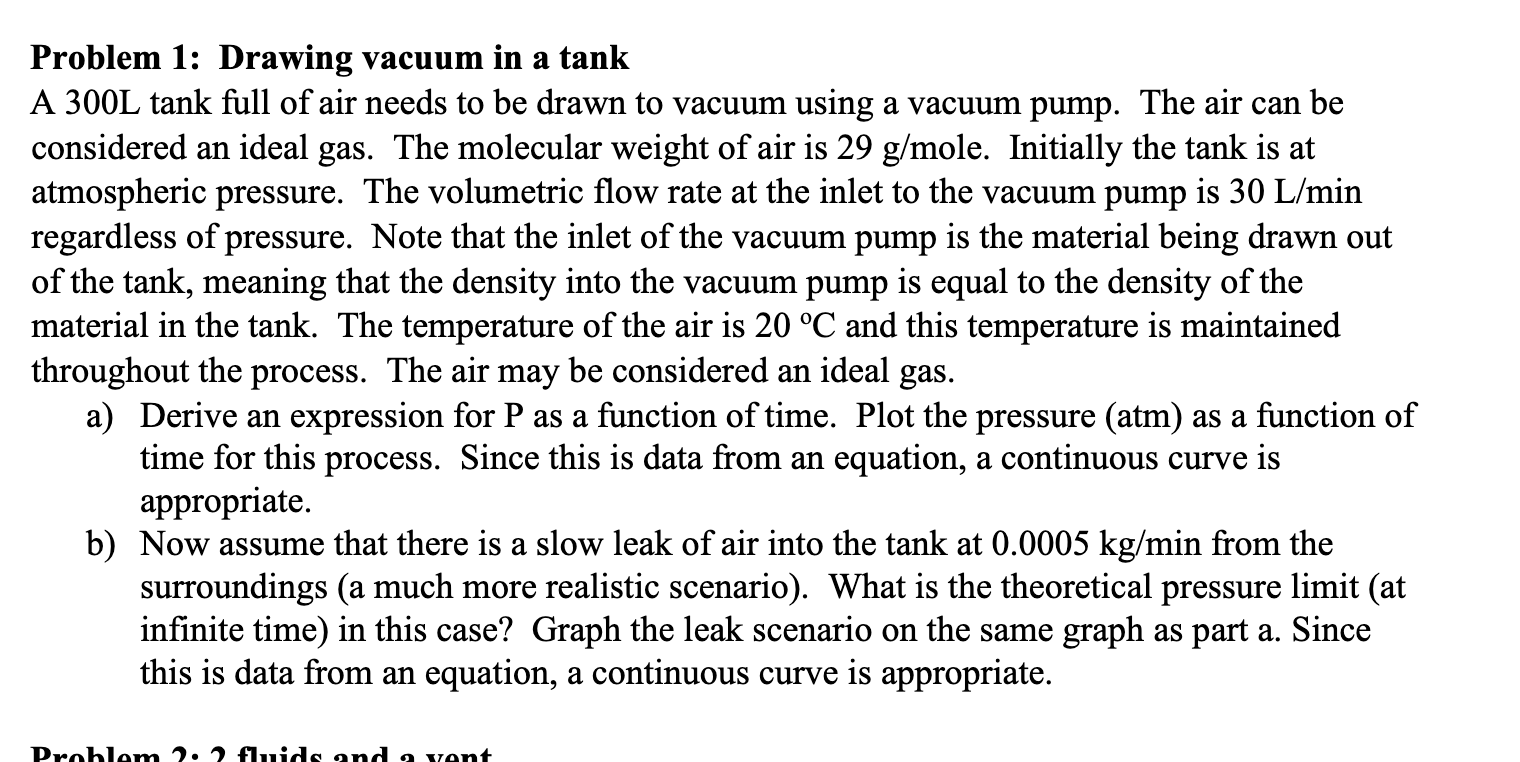 Solved Problem 1: Drawing vacuum in a tank A 300L tank full | Chegg.com