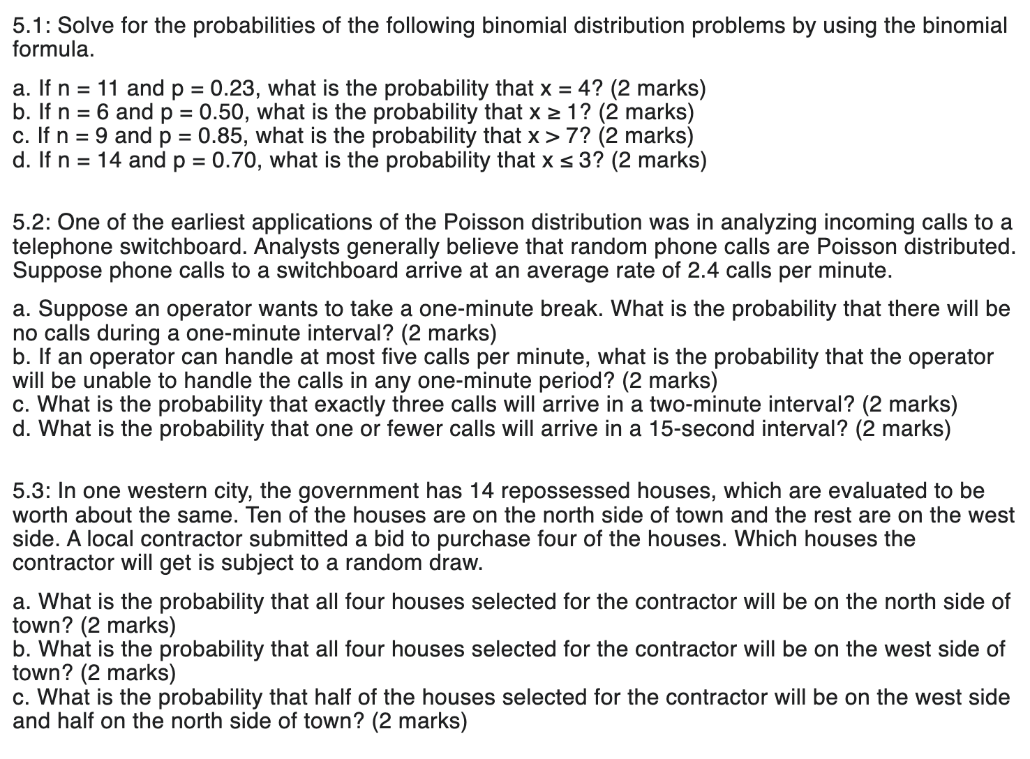 Solved 5.1: Solve for the probabilities of the following | Chegg.com