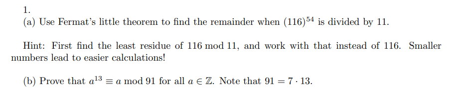 Solved 1. (a) Use Fermat's little theorem to find the | Chegg.com