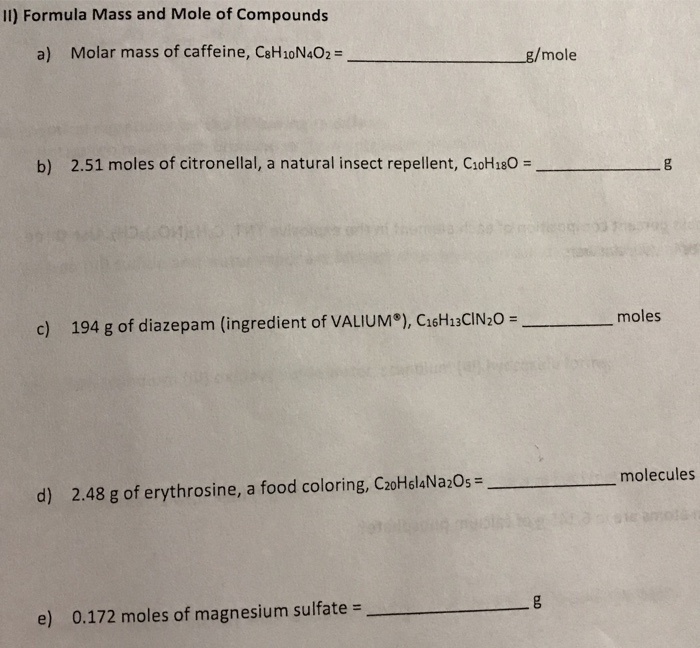 Solved Il) Formula Mass and Mole of Compounds a) Molar mass | Chegg.com
