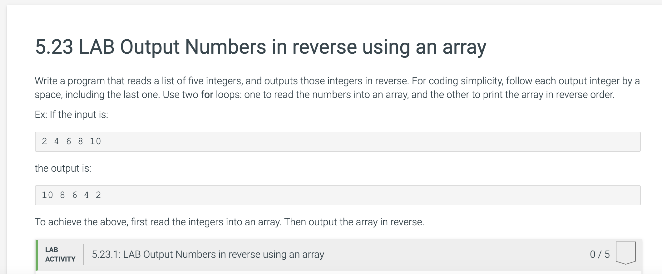 Solved 5 23 LAB Output Numbers In Reverse Using An Array