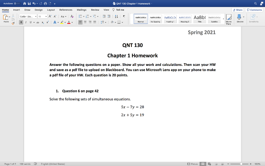 Solved AutoSave OFF $ QNT 130 Chapter 1 Homework Home Insert | Chegg.com