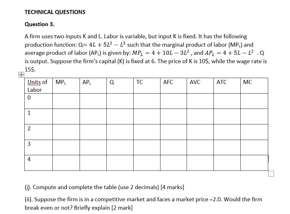 Solved A firm uses two inputs K and L. Labor is variable, | Chegg.com