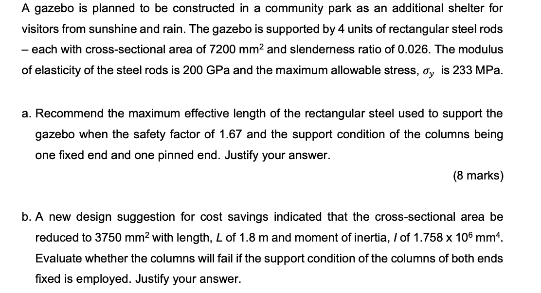 Solved A gazebo is planned to be constructed in a community | Chegg.com