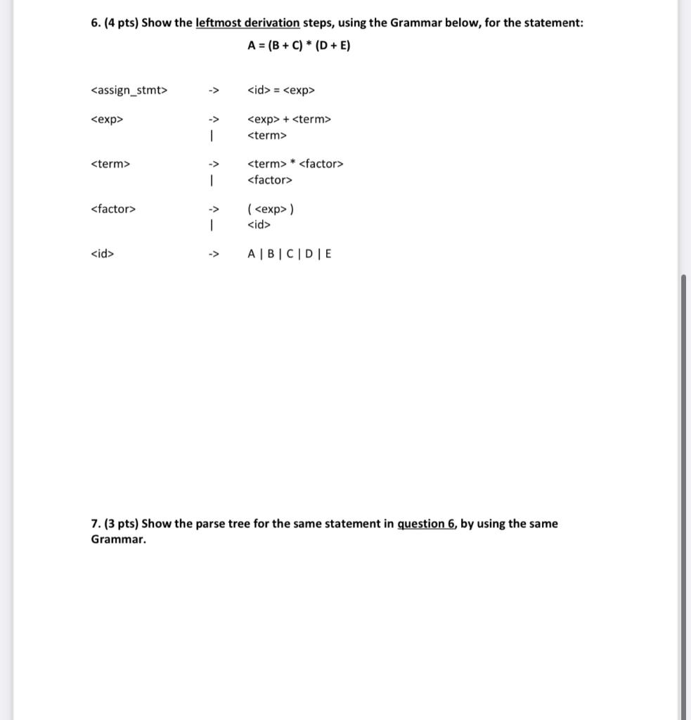 Solved 7. (3pts) Show the parse tree for the same statement | Chegg.com
