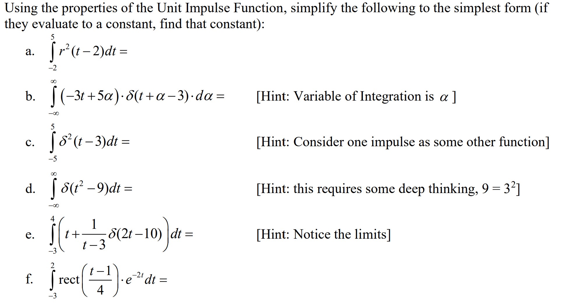 Solved Using the properties of the Unit Impulse Function, | Chegg.com