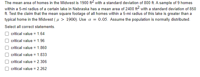 Solved The mean area of homes in the Midwest is 1900ft2 with | Chegg.com