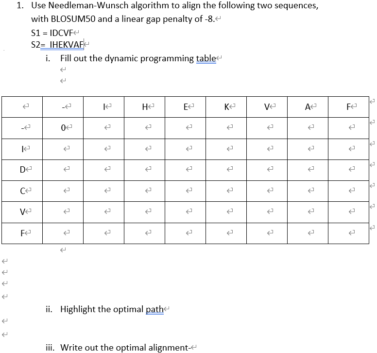 Solved 1. Use Needleman-Wunsch algorithm to align the | Chegg.com