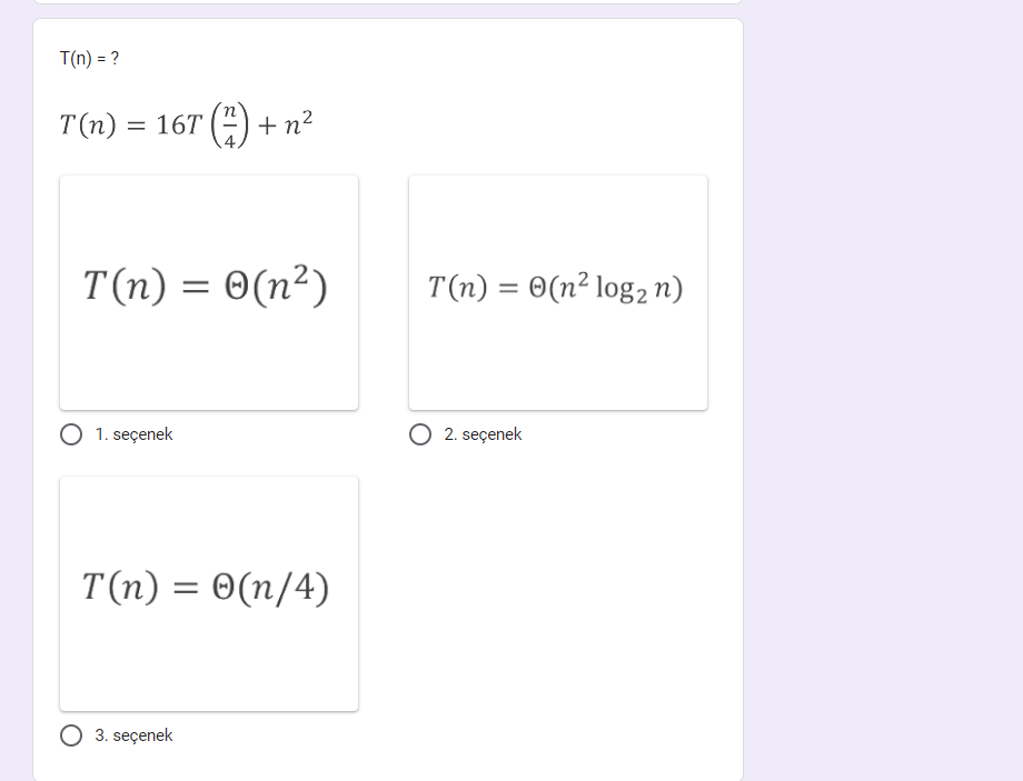 Solved T(n)=?T(n)=16T(4n)+n2 T(n)=Θ(n2)T(n)=Θ(n2log2n) 1. | Chegg.com