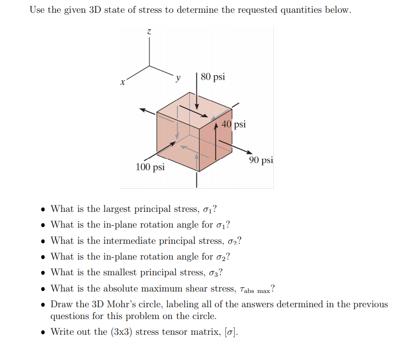 Solved Use the given 3D state of stress to determine the | Chegg.com