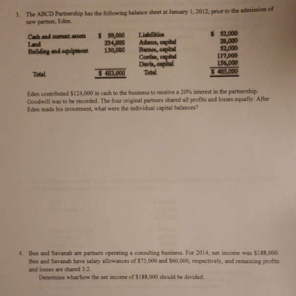 Solved The ABCD Partnership has the following balance sheet | Chegg.com