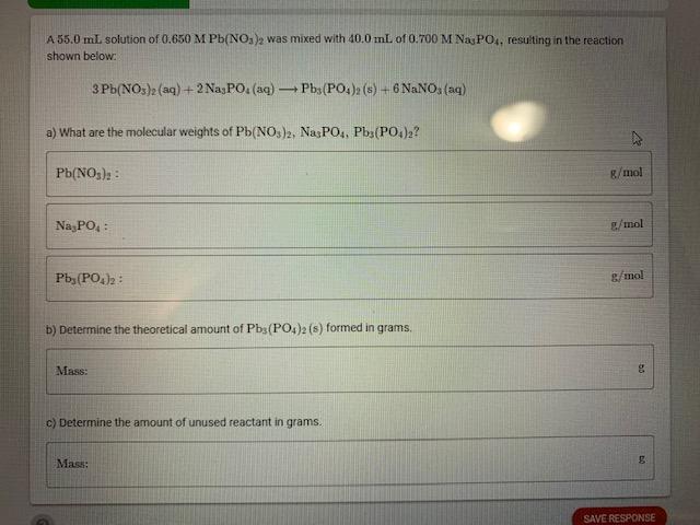 Solved A 55.0 mL solution of 0.650MPb(NO3)2 was mixed with | Chegg.com