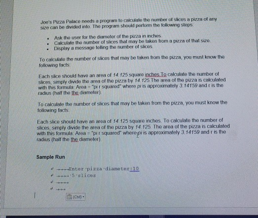 Solved Joe's Puza Palace needs a program to calculate the | Chegg.com