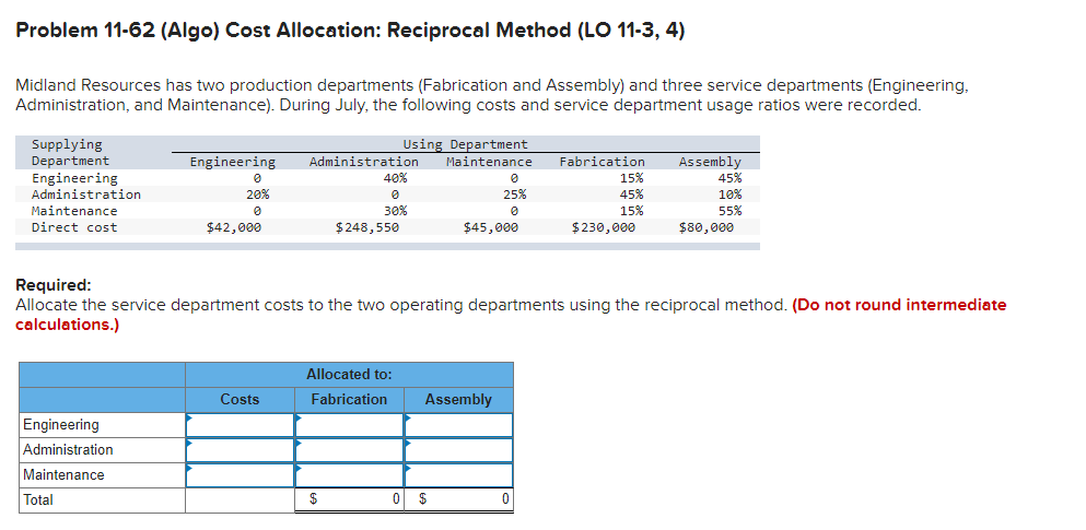 Solved Problem 11-62 (Algo) Cost Allocation: Reciprocal | Chegg.com