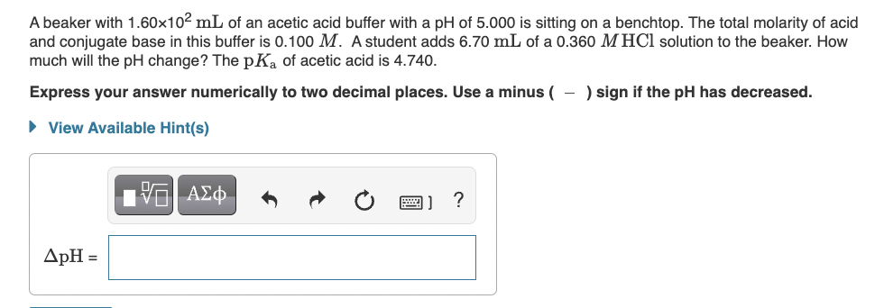 Solved A beaker with 1.60×102 mL of an acetic acid buffer | Chegg.com