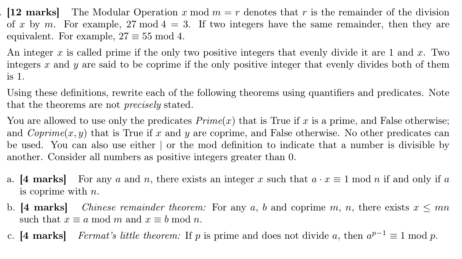 [12 marks] The Modular Operation x mod m = r denotes | Chegg.com