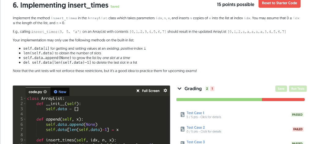 Solved 6. Implementing insert_times saved 15 points possible | Chegg.com