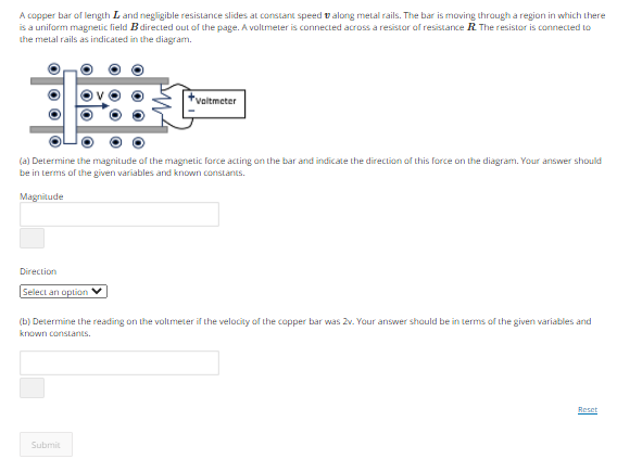 Solved A copper bar of length L and negligible resistance | Chegg.com