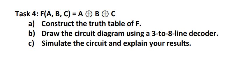Solved Task 4: F(A,B,C)=A⨁B⨁C a) Construct the truth table | Chegg.com