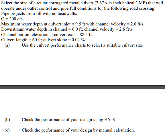 Select the size of circular corrugated metal culvert | Chegg.com