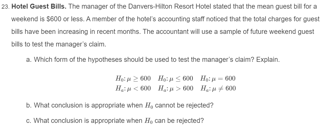 Solved 23. Hotel Guest Bills. The manager of the | Chegg.com