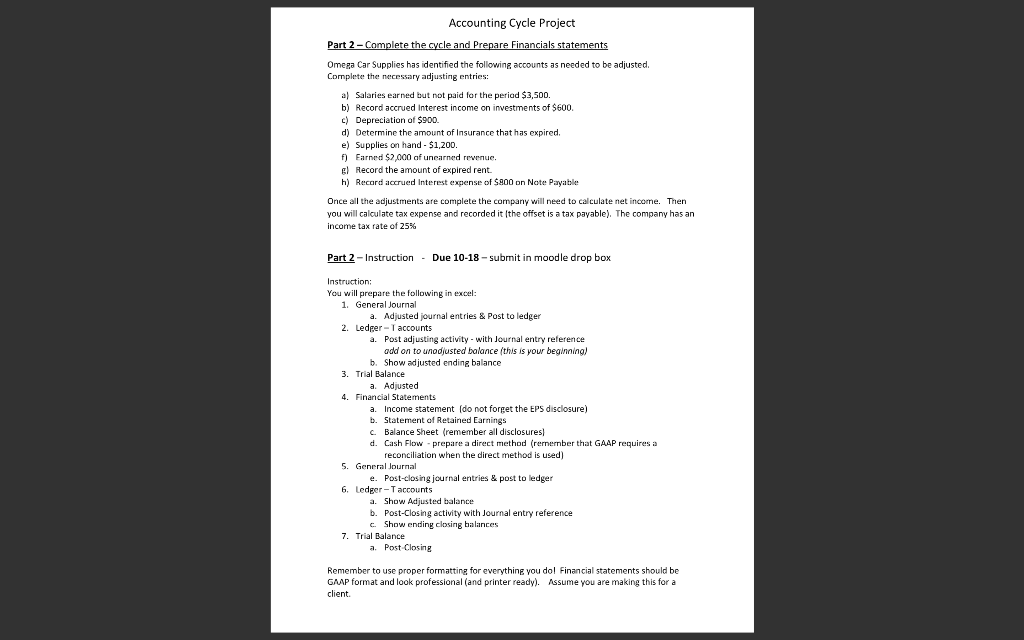 Accounting Cycle Project Part 2 - Complete the cycle | Chegg.com