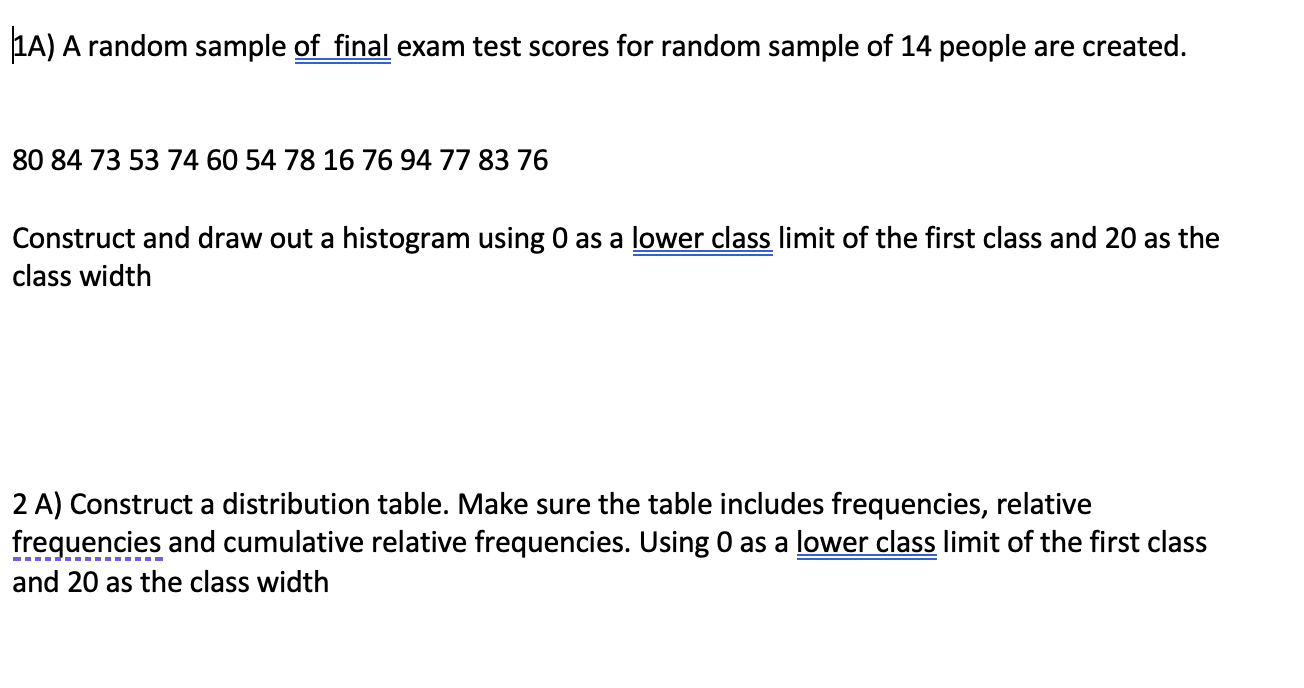 Solved 1A) A random sample of final exam test scores for | Chegg.com