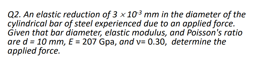 Solved Q2. An elastic reduction of 3 x 10-3 mm in the | Chegg.com