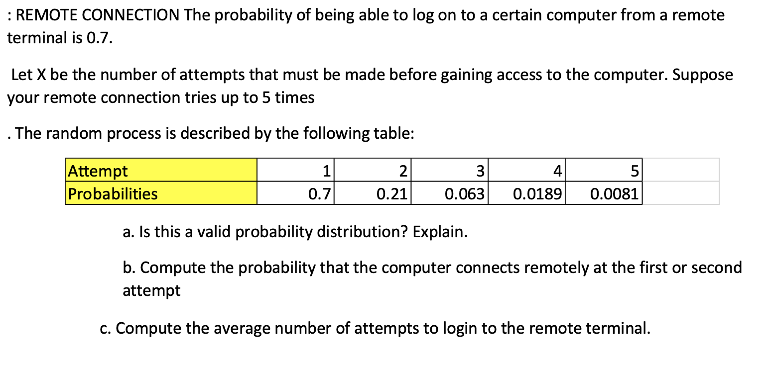 Solved : REMOTE CONNECTION The probability of being able to | Chegg.com