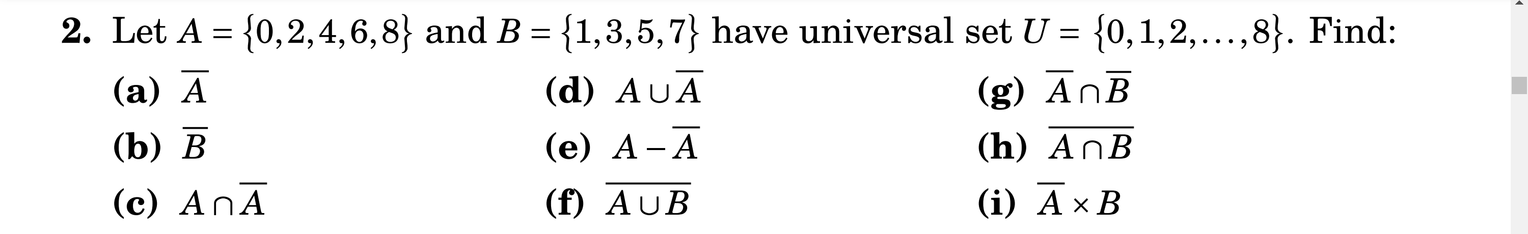 Solved 2. Let A={0,2,4,6,8} and B={1,3,5,7} have universal | Chegg.com