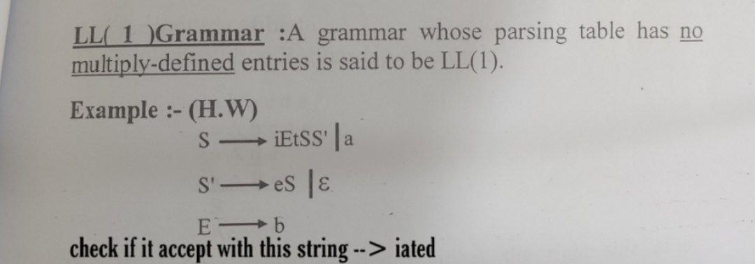 Solved LL 1 Grammar :A grammar whose parsing table has no | Chegg.com
