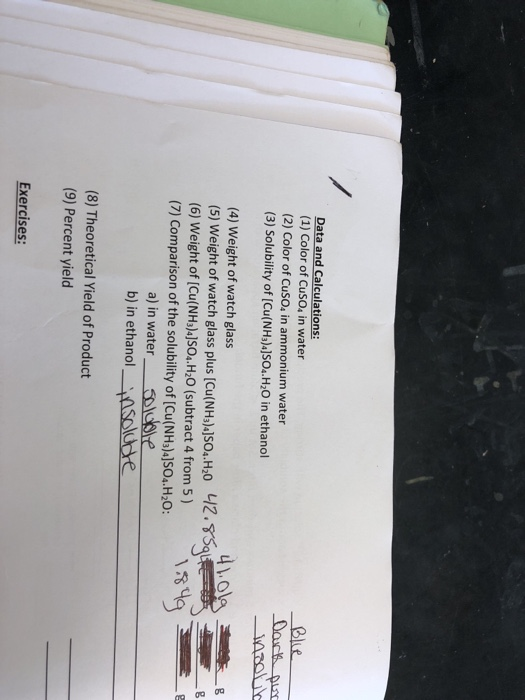 Data and Calculations: (1) Color of CuSO4 in water | Chegg.com