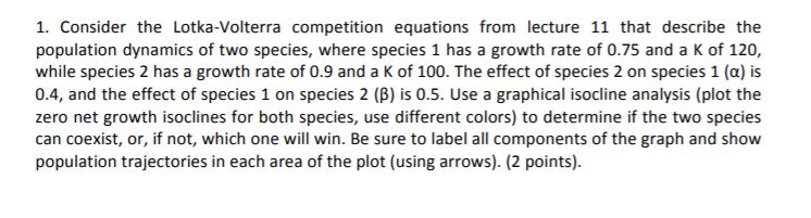 Solved 1. Consider the Lotka-Volterra competition equations | Chegg.com