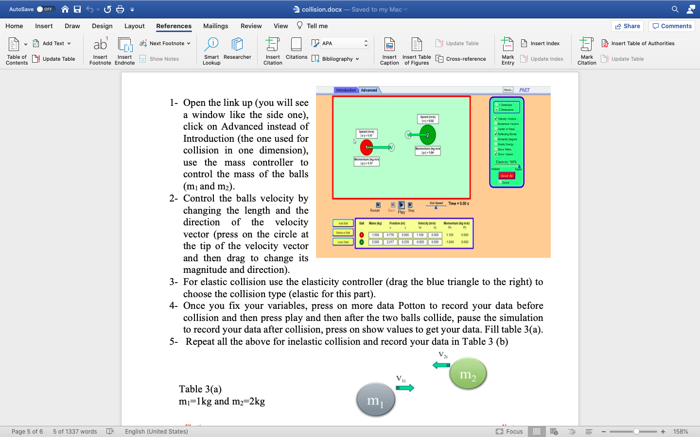 Solved physics lab worksheet collision using Phet simulation | Chegg.com