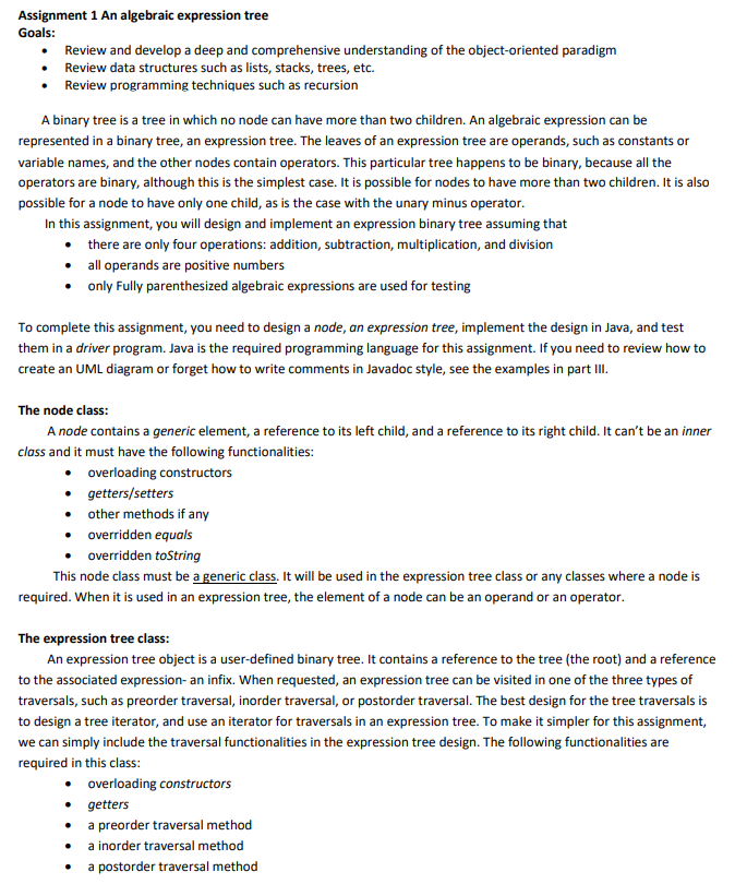Solved Assignment 1 An algebraic expression tree Goals: | Chegg.com
