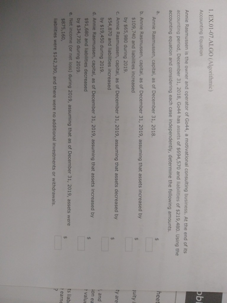 Solved 1. EX.01-07.ALGO (Algorithmic) Accounting Equation | Chegg.com