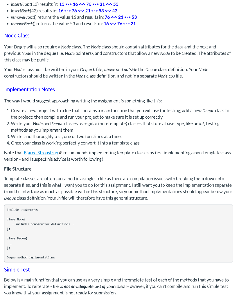 Solved C++ Language . You are to implement and test a Deque | Chegg.com
