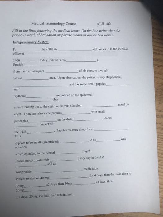 Solved Medical Terminology Course ALH 102 Fill in the lines | Chegg.com