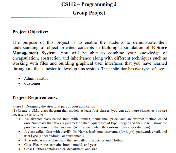 Solved CS112 - Programming 2 Group Project Project | Chegg.com