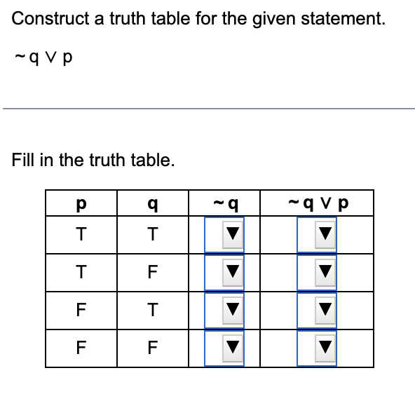 Solved Construct A Truth Table For The Given Statement ~qvp