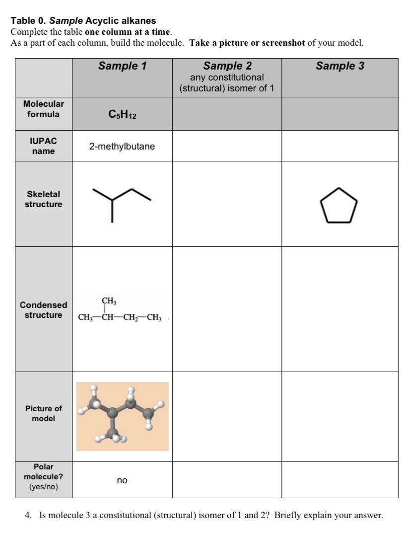 Solved Table 0. Sample Acyclic alkanes Complete the table | Chegg.com