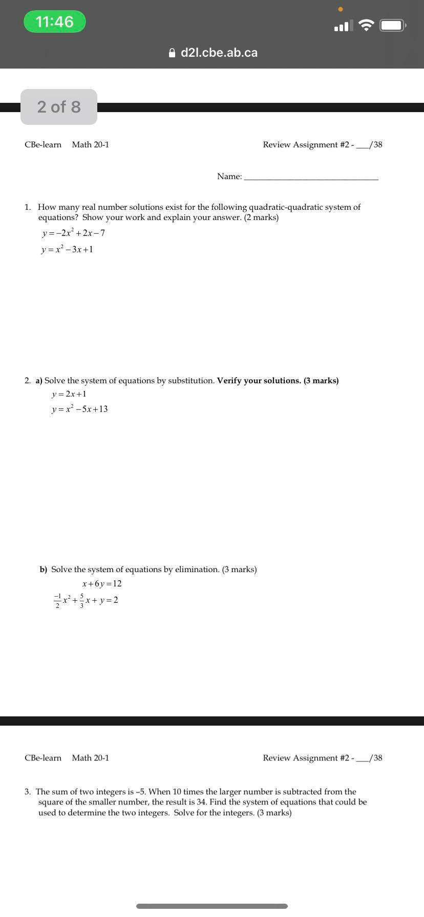 Solved 11:46 d2l.cbe.ab.ca 2 of 8 CBe-learn Math 20-1 Review | Chegg.com