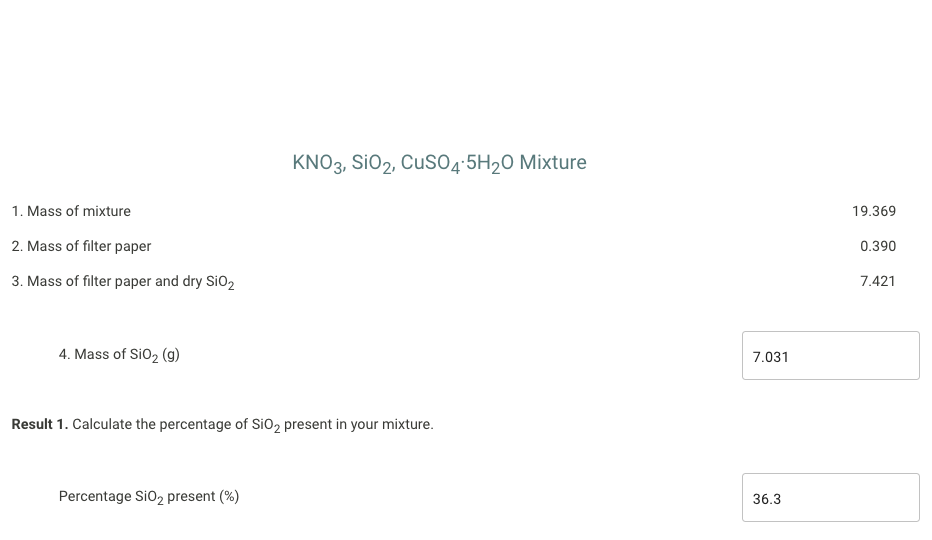 Solved KNO3, SiO2, CuSO4.5H20 Mixture 1. Mass of mixture | Chegg.com