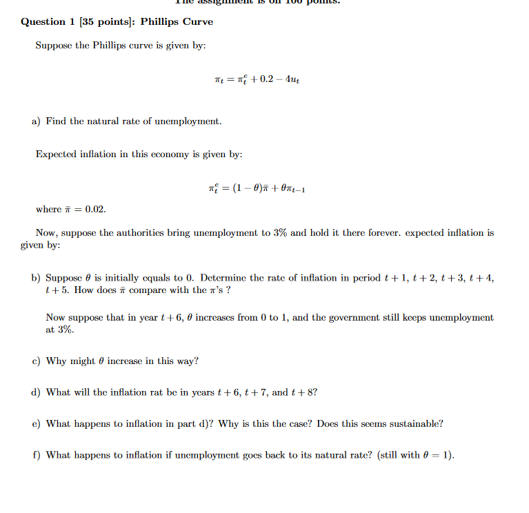 Solved Question 1 [35 points]: Phillips Curve Suppose the | Chegg.com