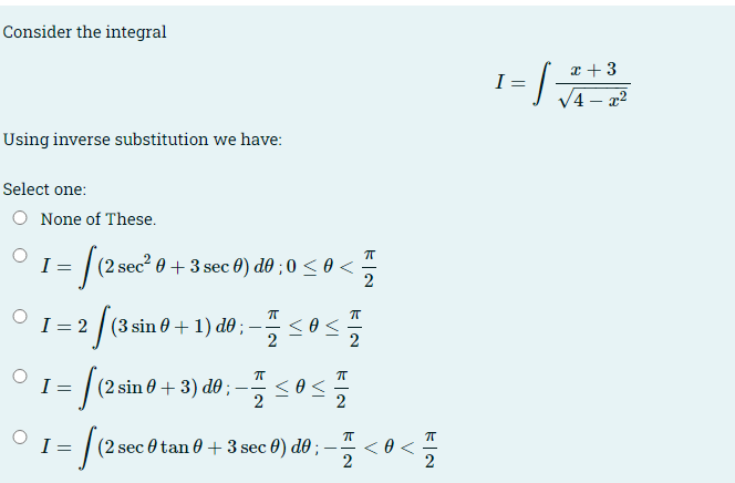 Solved Consider the integral I=∫4−x2x+3 Using inverse | Chegg.com