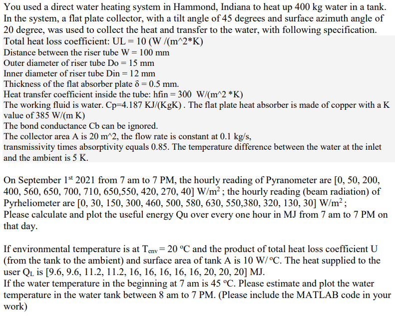 Solved You used a direct water heating system in Hammond, | Chegg.com