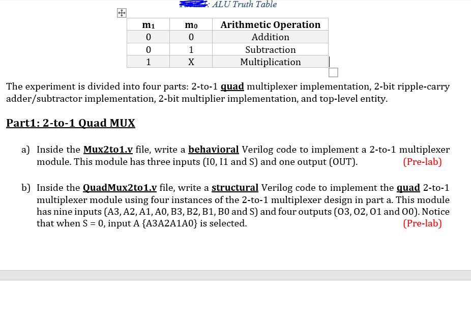 ALU Truth Table mi 0 0 1 mo 0 1 X Arithmetic | Chegg.com