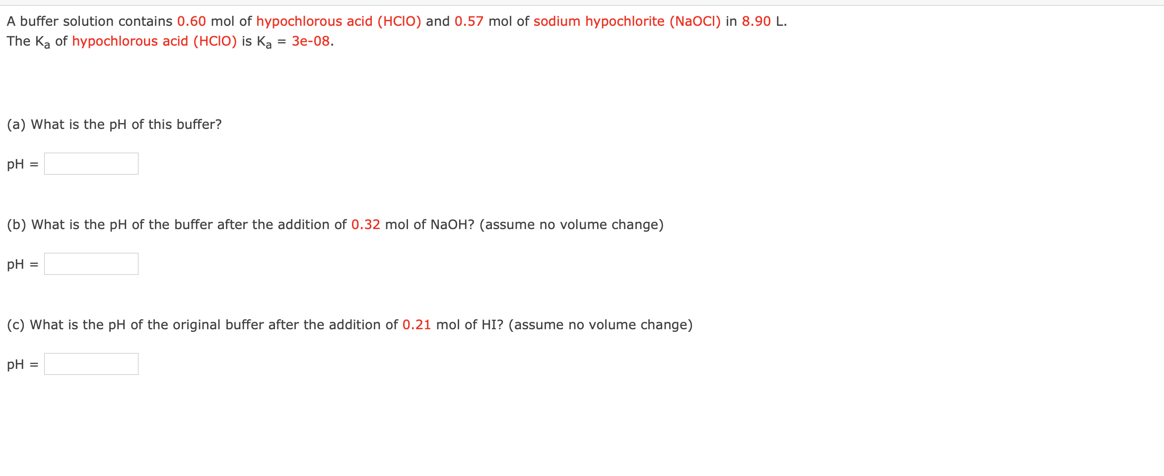 Solved A buffer solution contains 0.60 mol of hypochlorous | Chegg.com